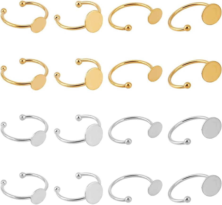 1set 16pcs 8 styles Stainless Steel Cuff Ring Components Round Tray Pad ...