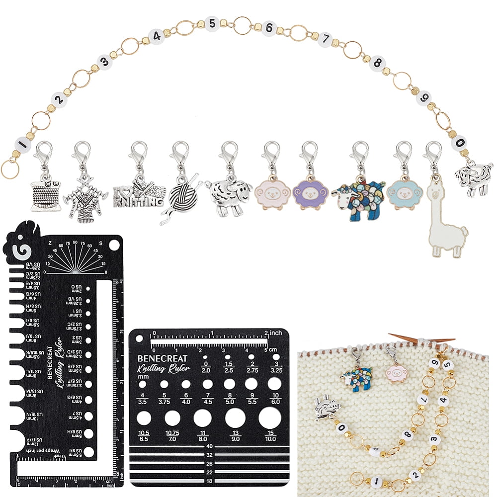 1set 2 Style Wood Knitting Needle Gauge and Ruler Acrylic Number Bead ...