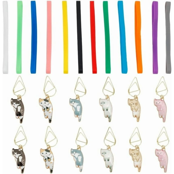 1set 24pcs 2 styles Silicone Bands Bookmark & Alloy Cat Paper Clips ...