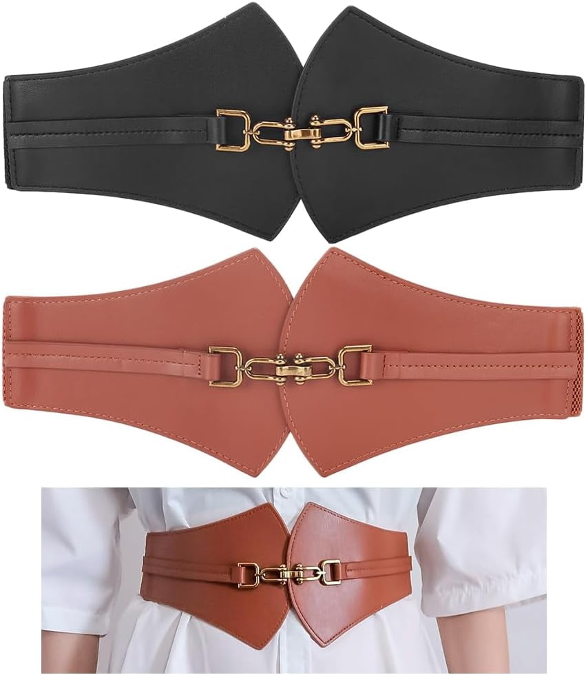 1set 2pcs 2 colors PU Leather Wide Elastic Corset Belts for Women Girl ...