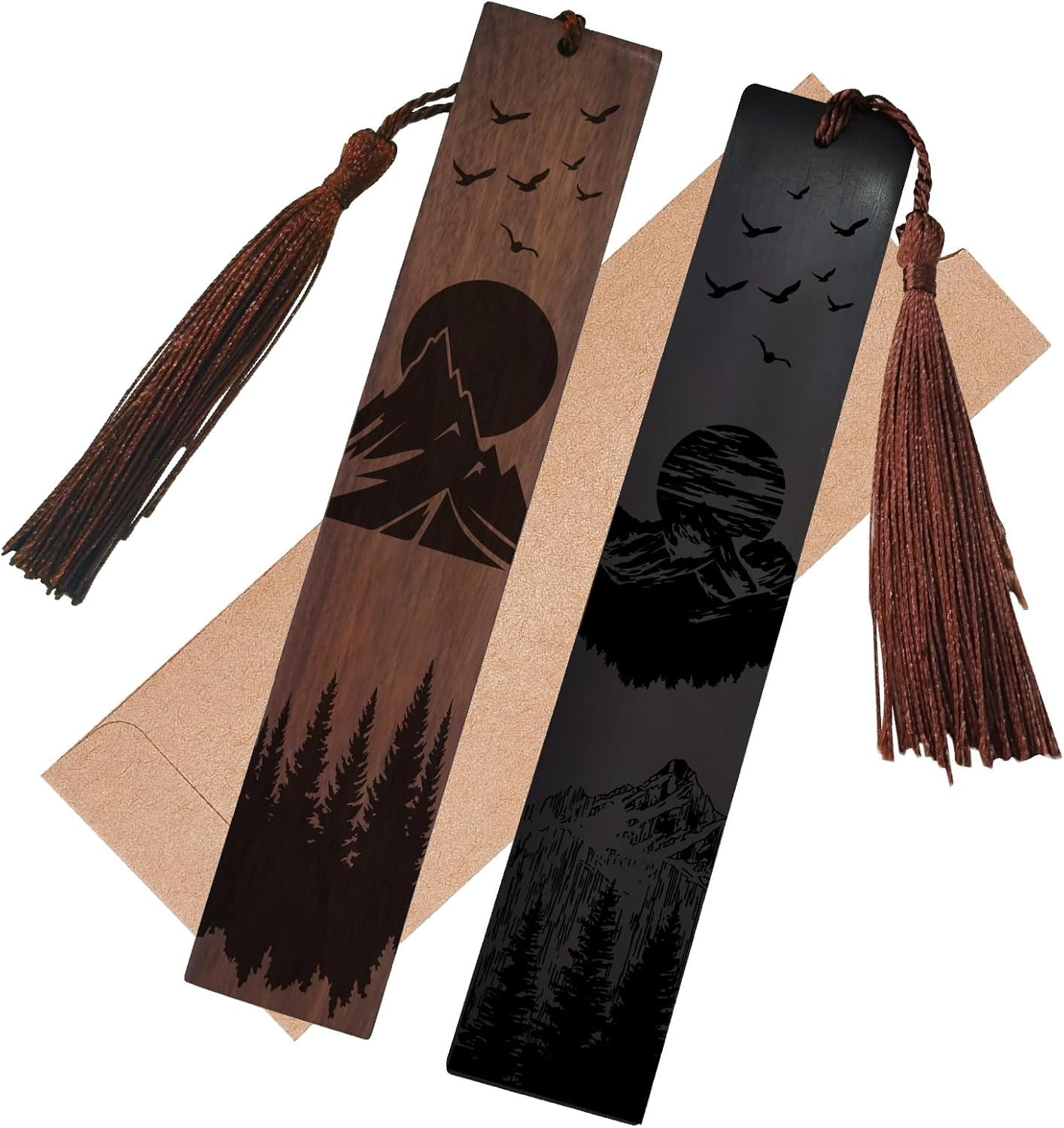 1set 2pcs Wood Bookmarks set Laser Engraving Rectangle Mountain ...