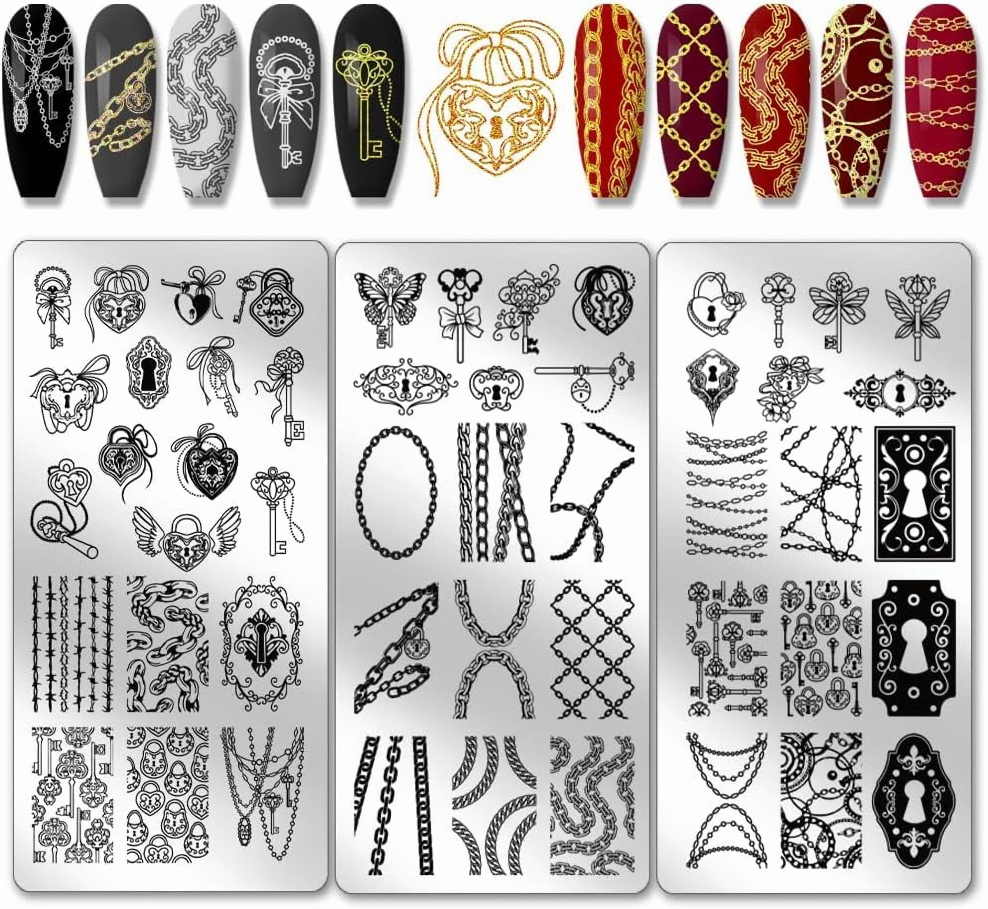 1set 3pcs Chain Key Nail Art Templates Neutral Style Nail Stamping ...