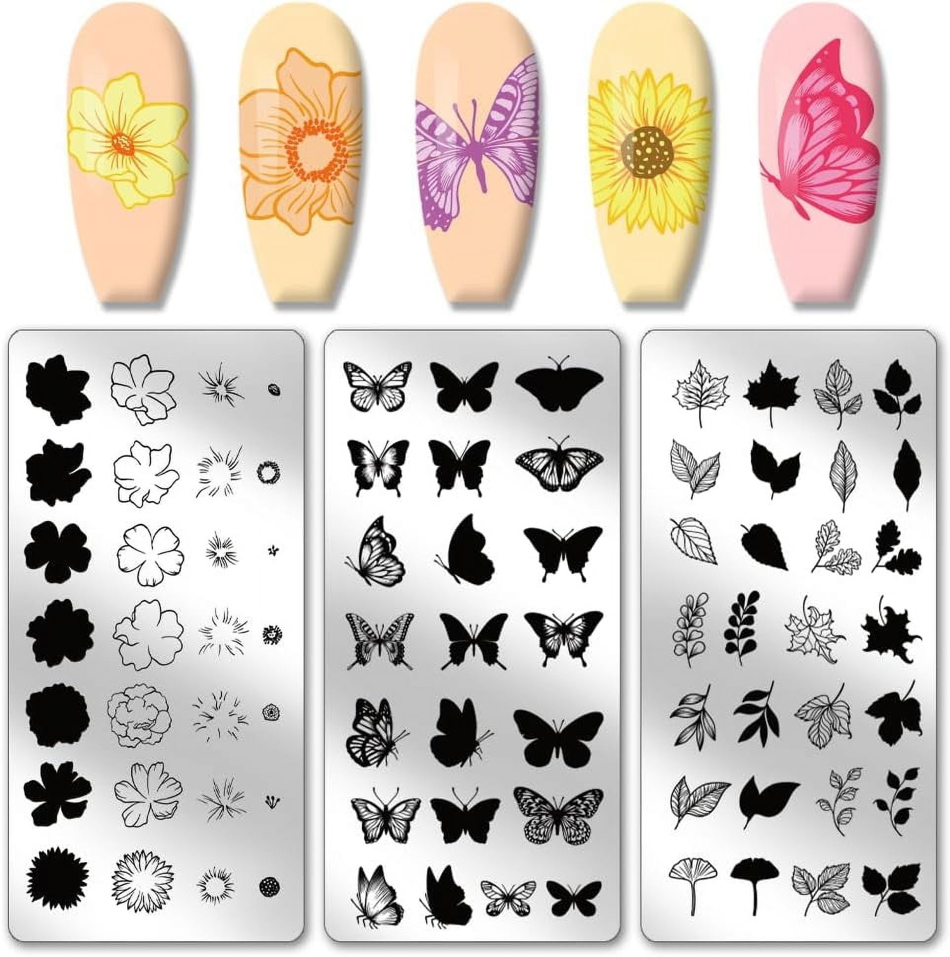 1set 3pcs Flower Butterfly Nail Stamp Plates Leaves Nail Stamper Plant ...