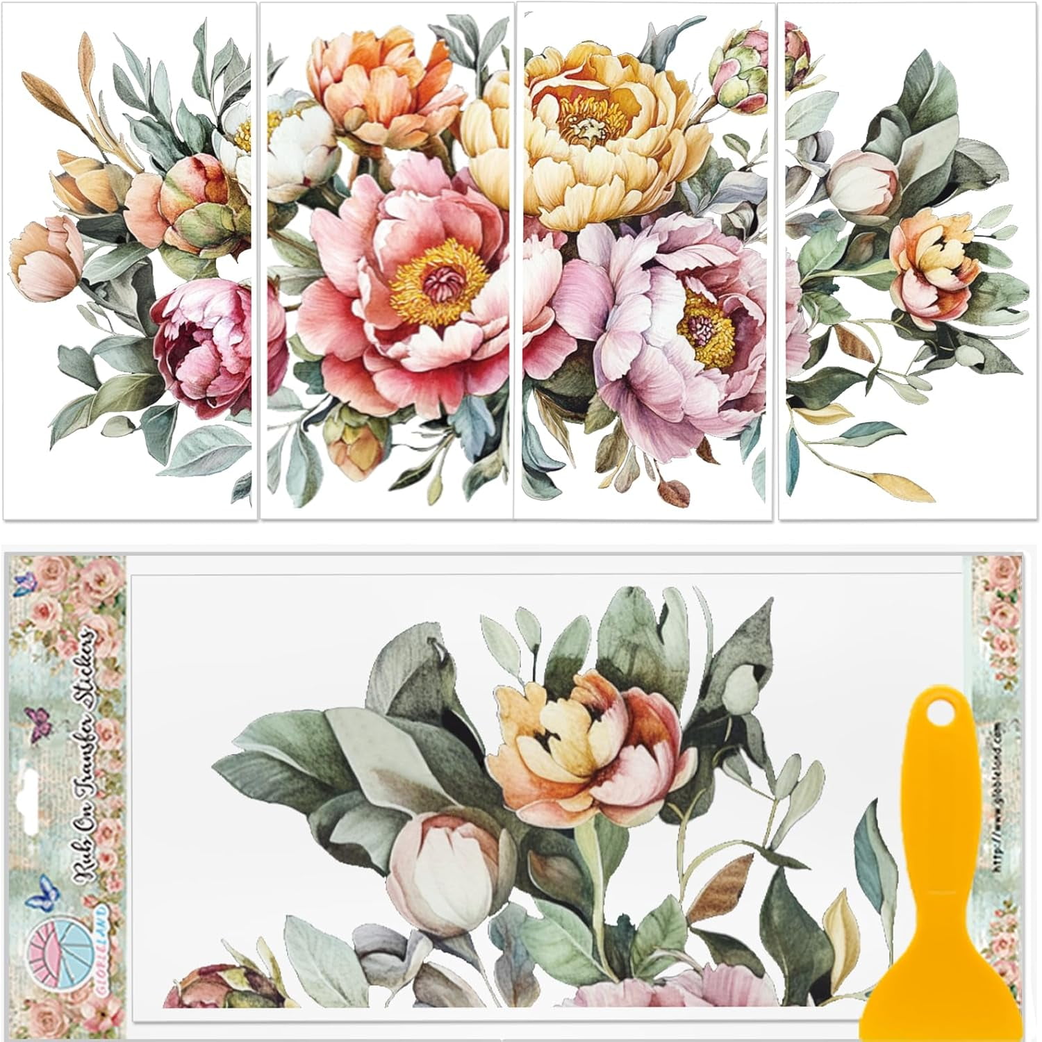 1set 4 Sheets Spring Peony Flowers Furniture Transfer 11.8x5.9inch ...