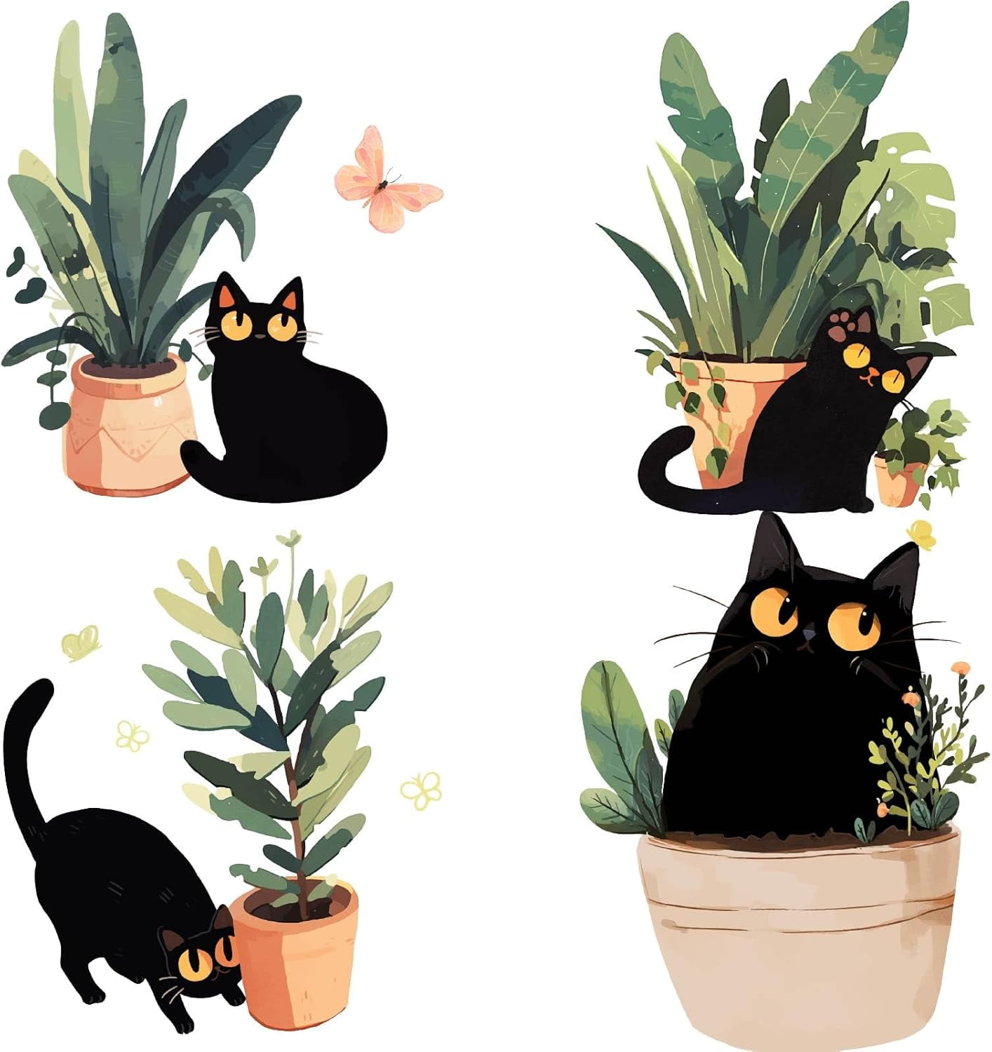 1set 4 Styles Black Cats Plant Glass Stickers 6.3x6.3 Inch Spring Butterfly Static Wall Decal ...