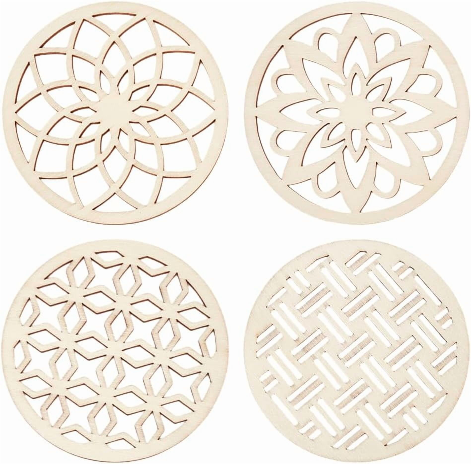 1set 4 Styles Round Wood Coaster Set Hollow Wooden Drink Coaster 3 ...