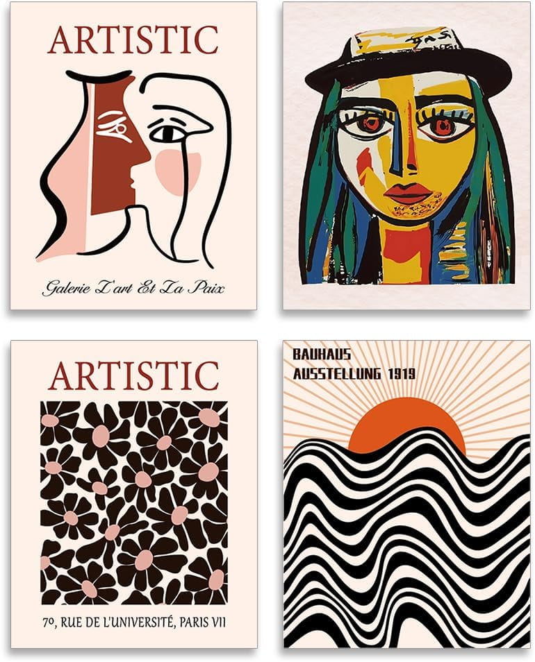 1set 4PCS Abstract Art Painting Wall Prints Vintage Wall Art Posters ...