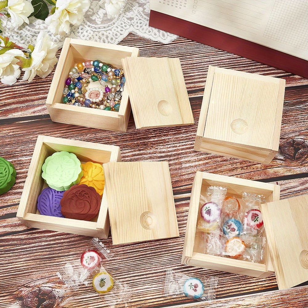 1set 4packs Wooden Storage box 4 pack Square Unfinished color Wooden ...