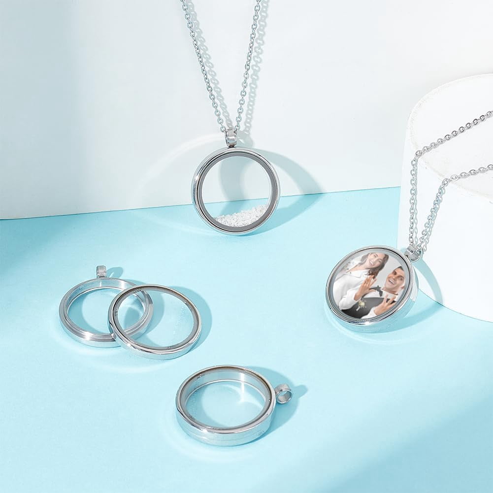 1set 4pcs Stainless Steel Locket Pendants with Transparent Glass Window ...