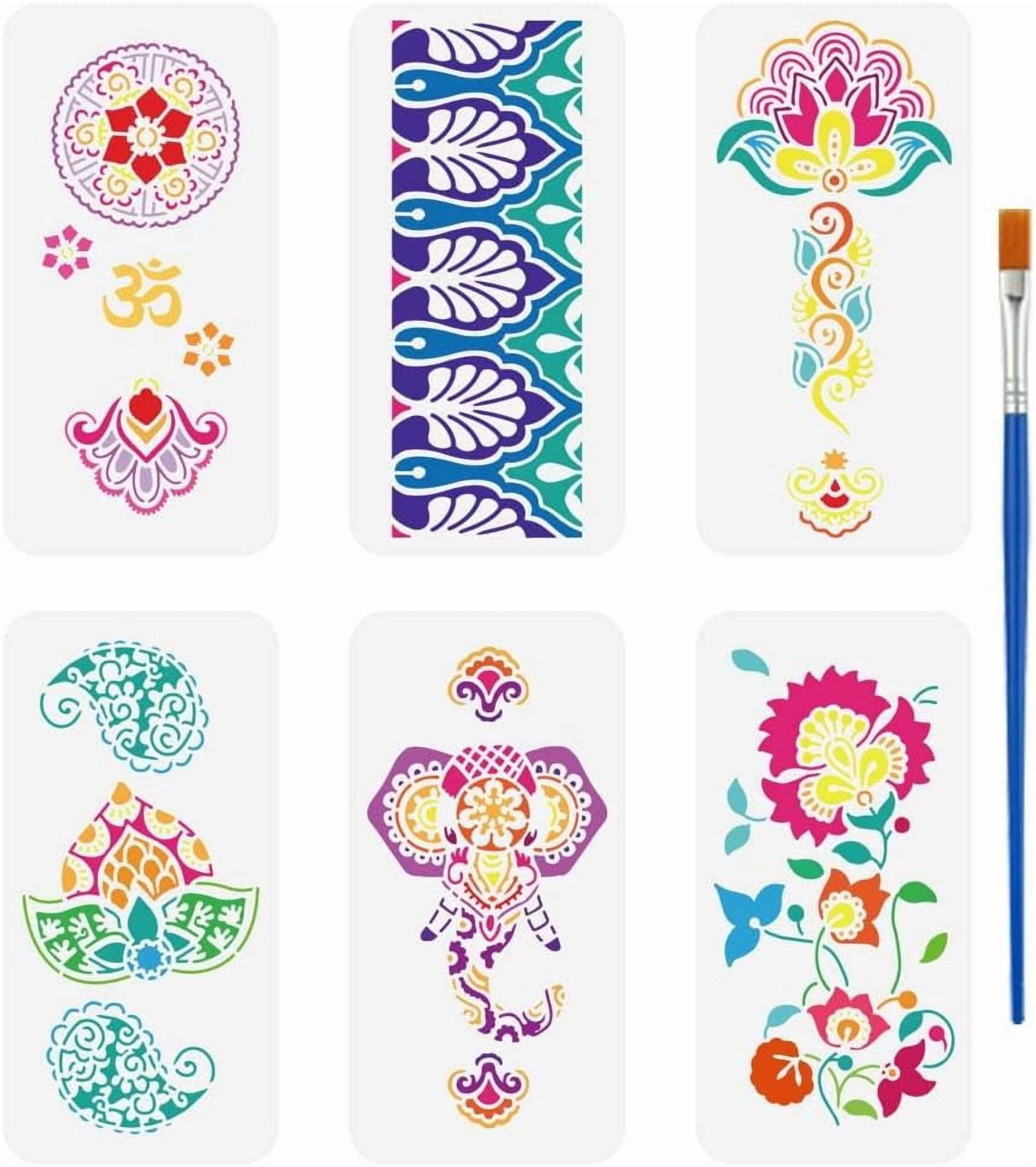 1set 6 pcs Indian Pattern Stencil with a Paint Brush 11.8x5.9inch India ...