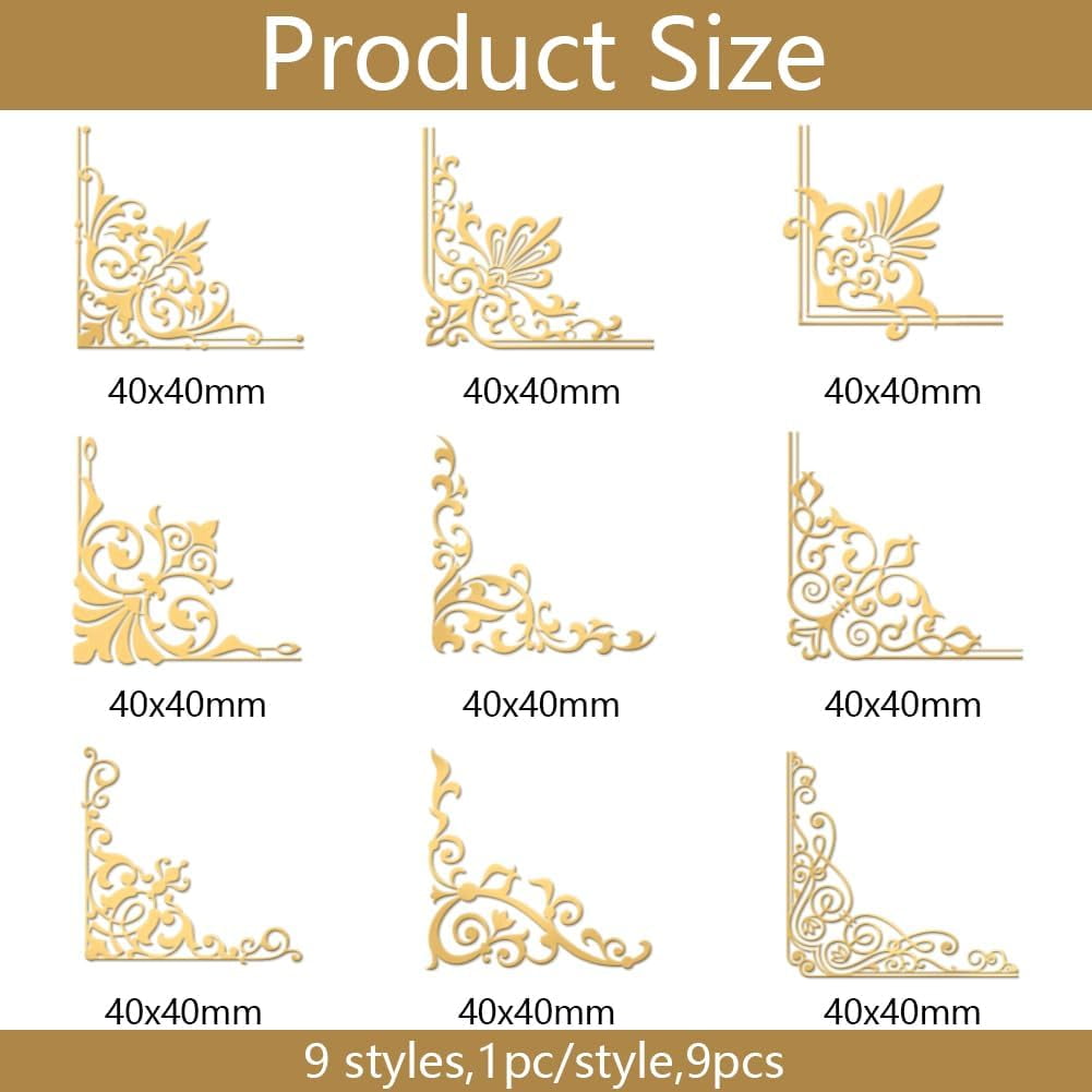 1set 9pcs 1.6x1.6 inch Golden Metal Stickers Vintage Border Stickers ...