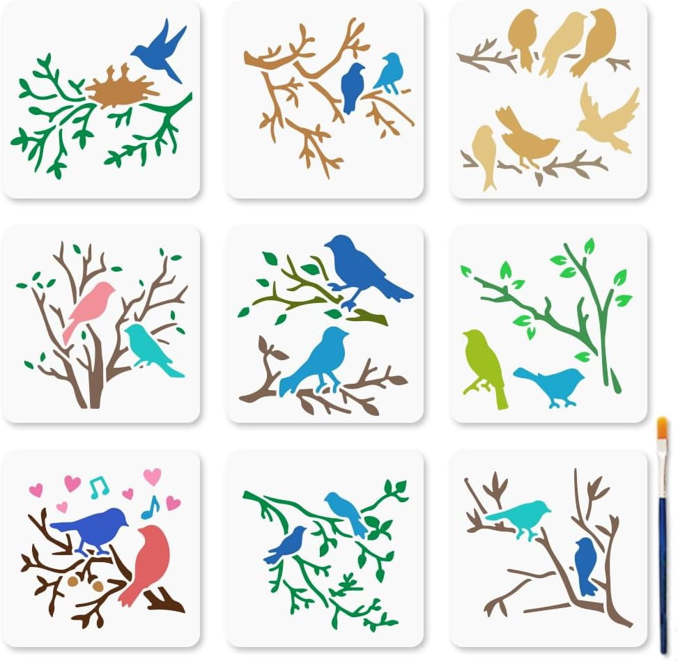 1set 9pcs Birds Tree Branch Stencil Twigs Nests Stencils with Paint ...