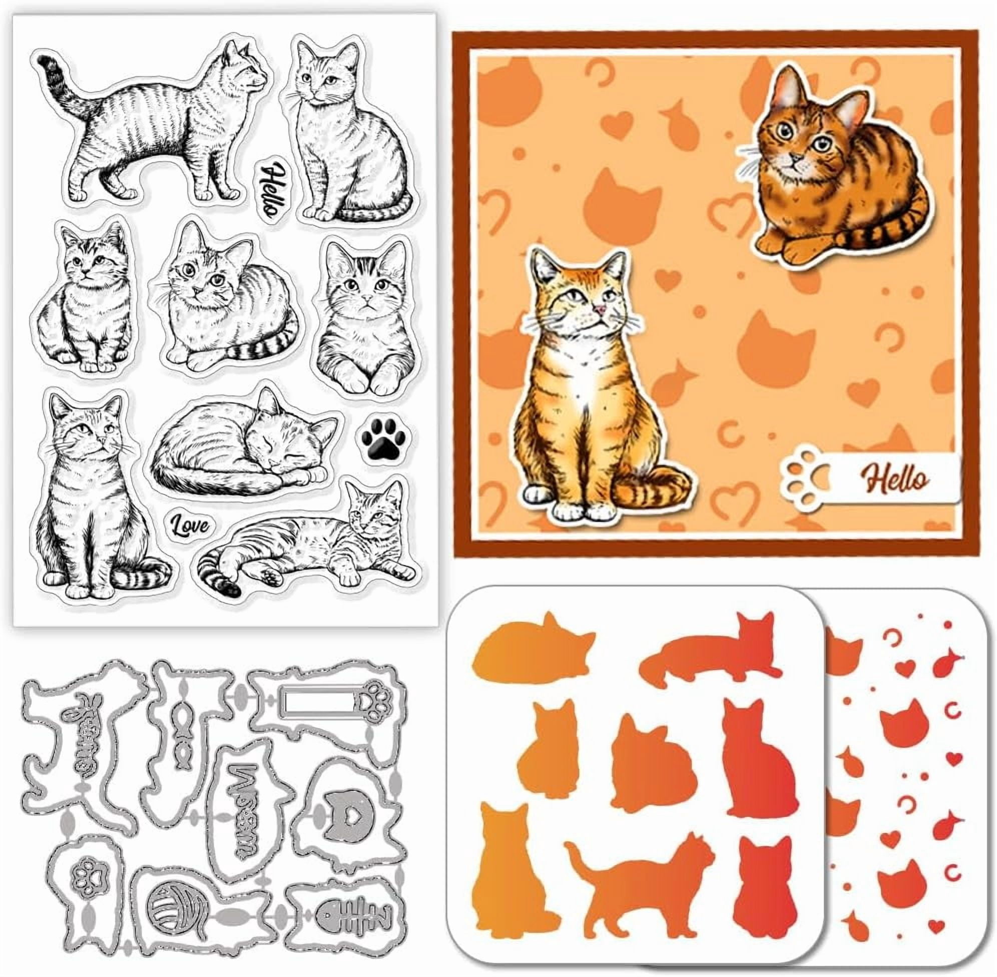 1set Cat Clear Stamps Cutting Dies PET Painting Stencils for Card ...
