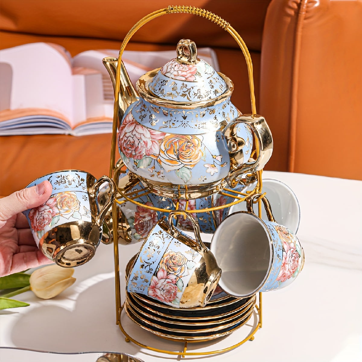 1set, European Style Ceramic Tea Set, Inlcude, 6 Cups, 6 Saucers, 6 Spoons, 1 Teapot, And 1 Iron ...