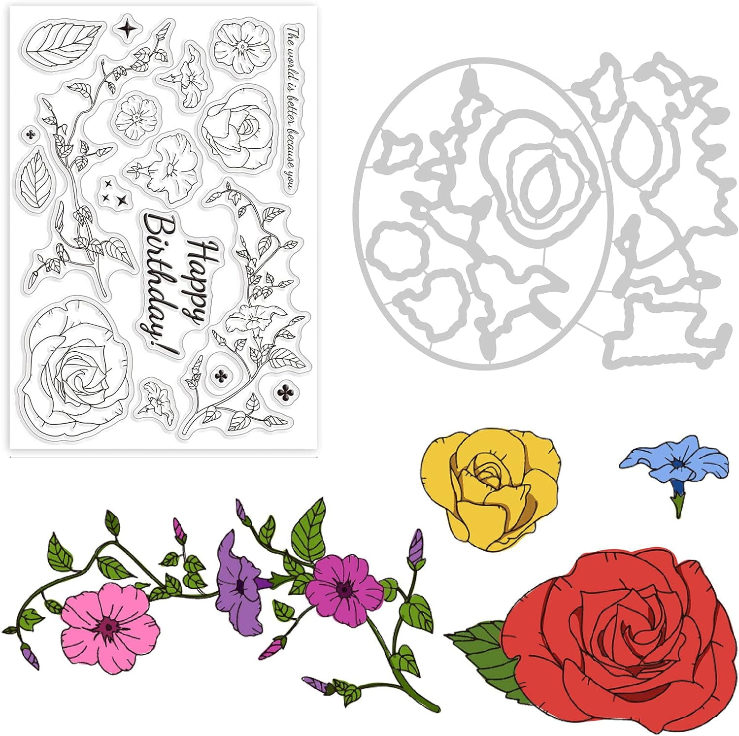 1set Flower Cut Dies and Clear Silicone Stamp Set for DIY Scrapbooking ...