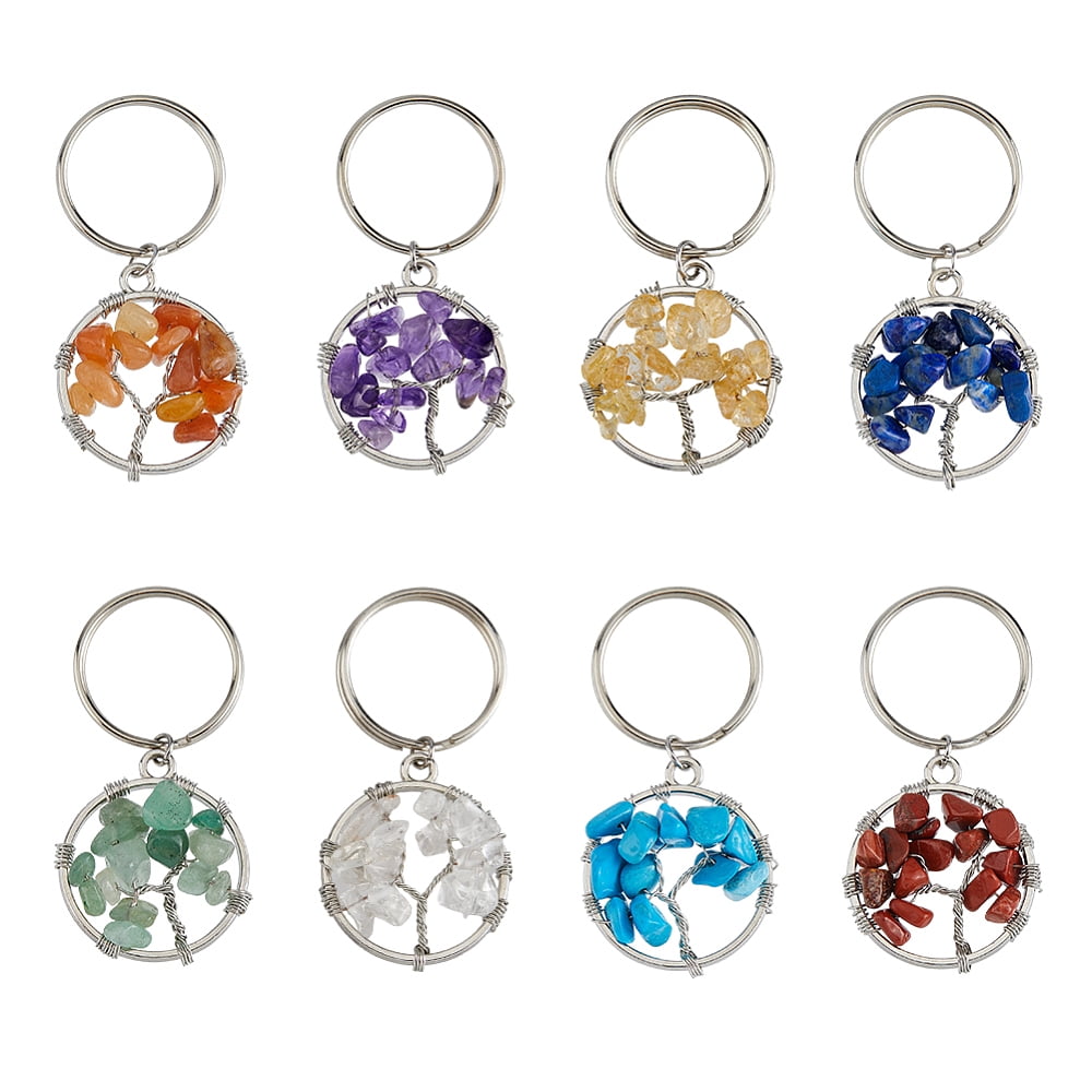 1set Gemstone Chip Flat Round with Tree of Life Keychains with Iron ...