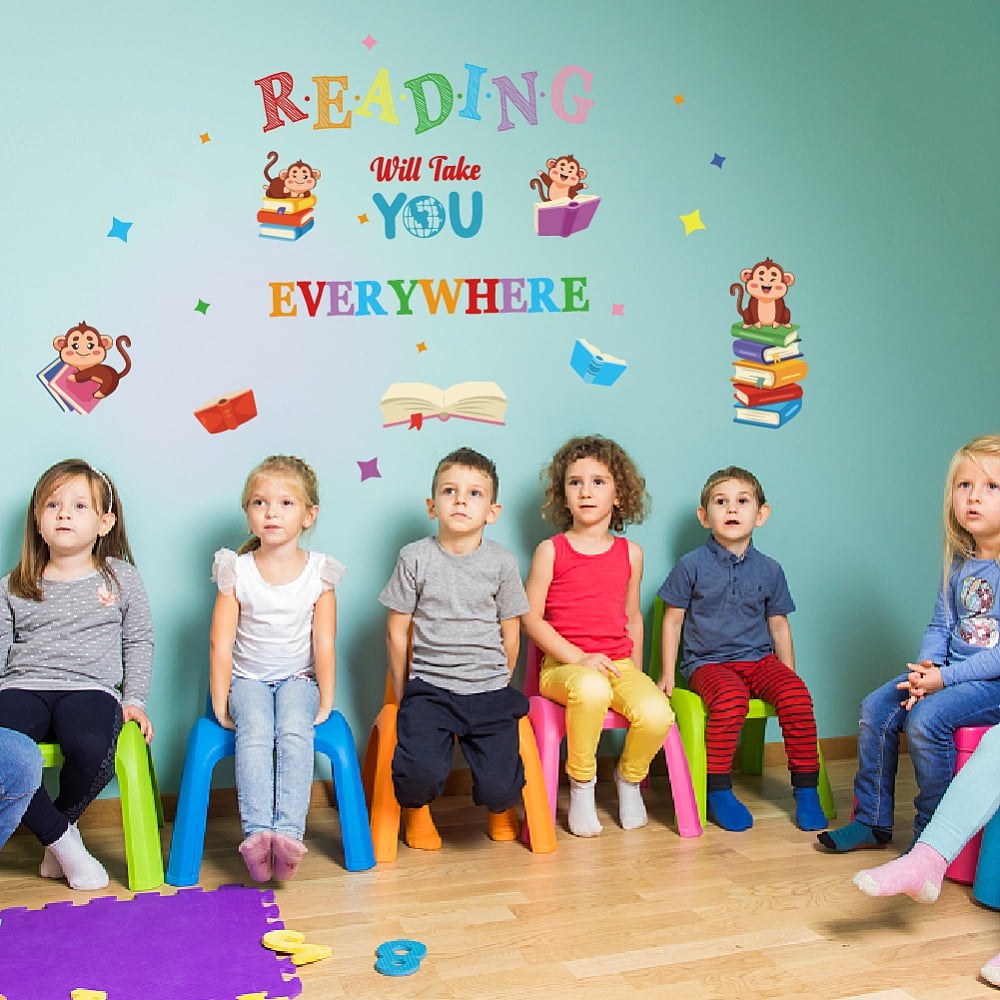 1set Reading Book Wall Sticker Cartoon Monkey Books Wall Decals 's Wall ...