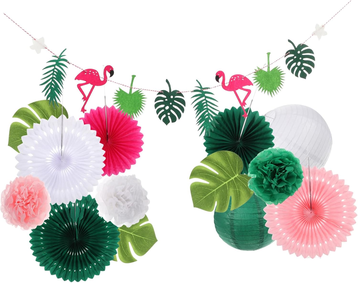 1set Tropical Hawaiian Flamingo Paper Fans and Monstera Leaves Banner ...