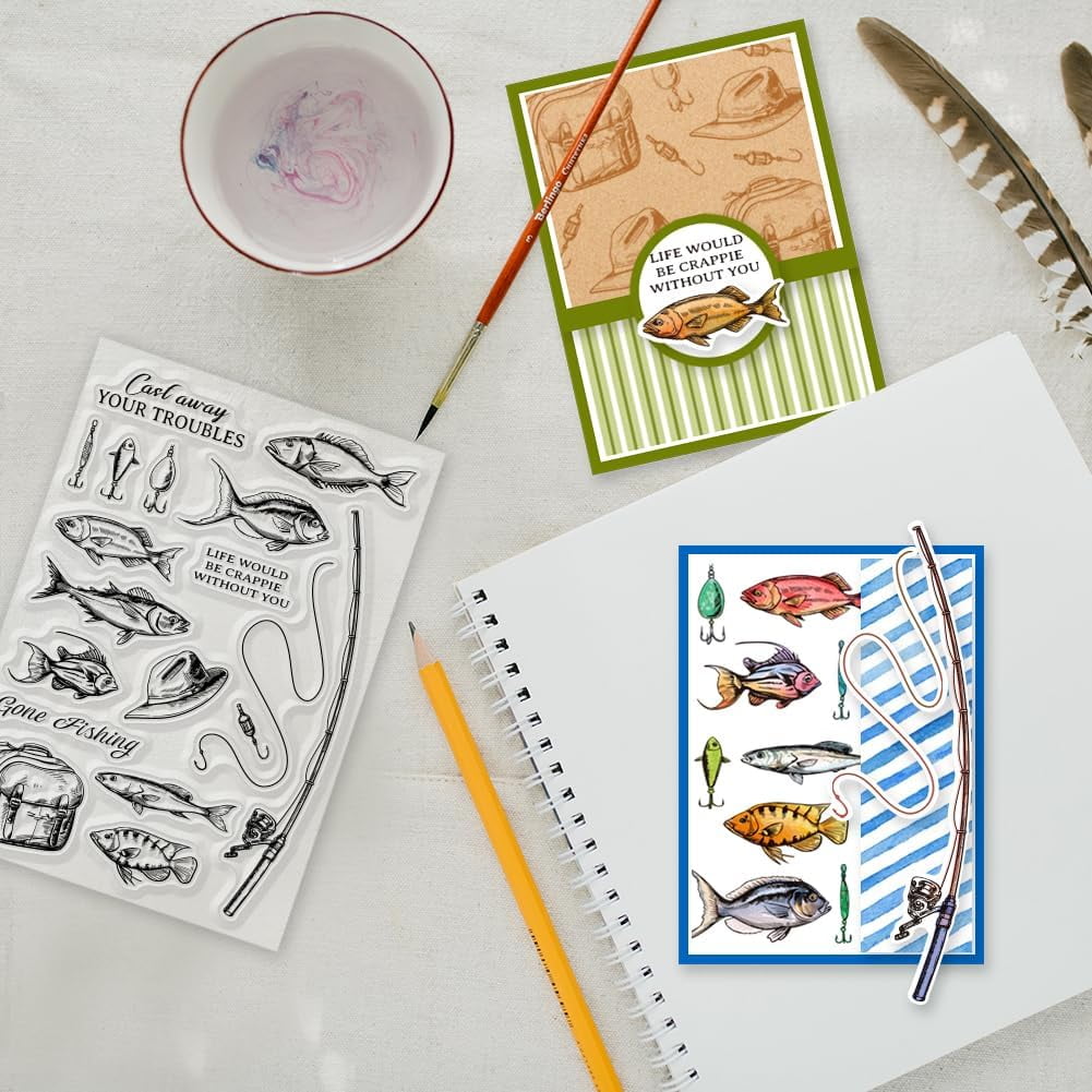 1sheet Fishing Clear Stamps Rod Backpack Silicone Clear Stamp Seals Hat ...