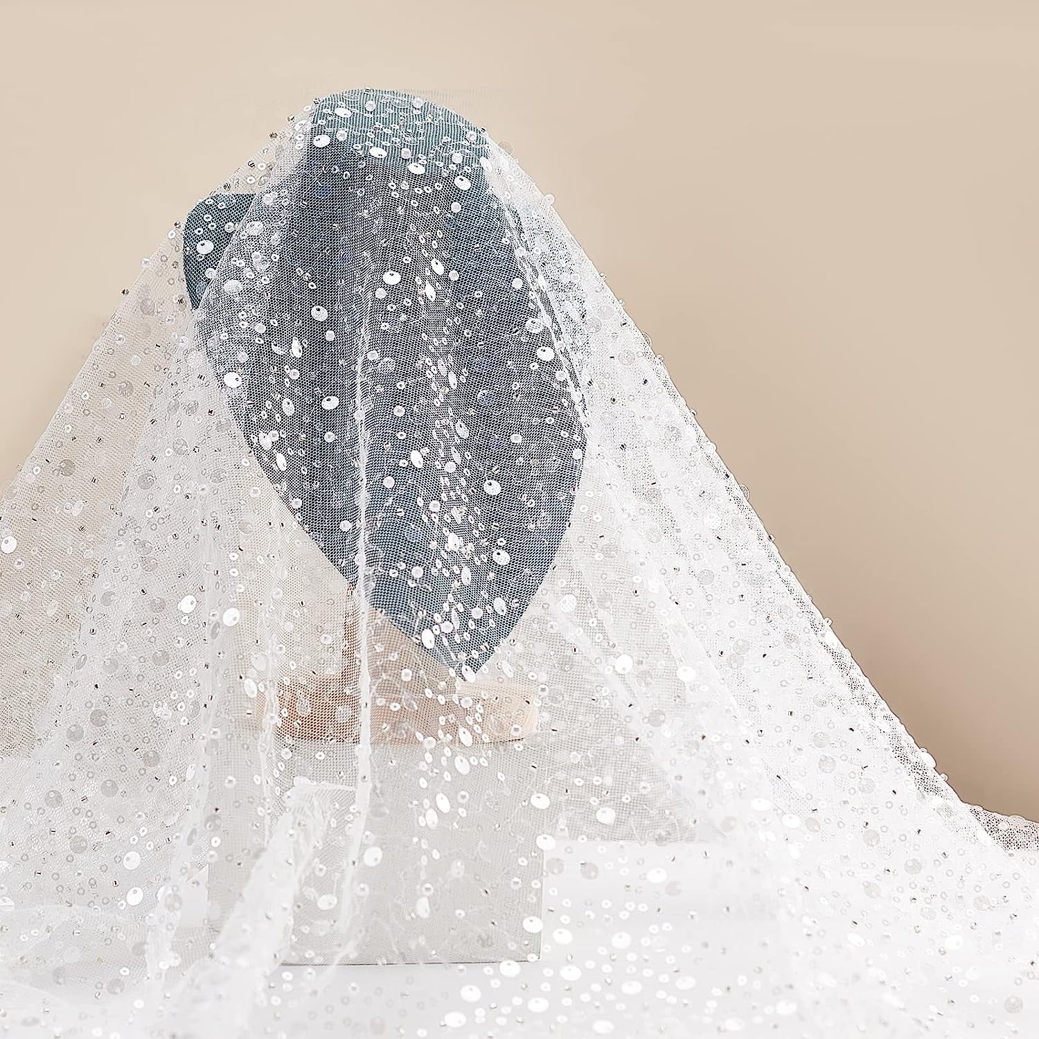 1sheet Glitter Tulle Fabric with Sequin and Beads White Ribbon Netting ...