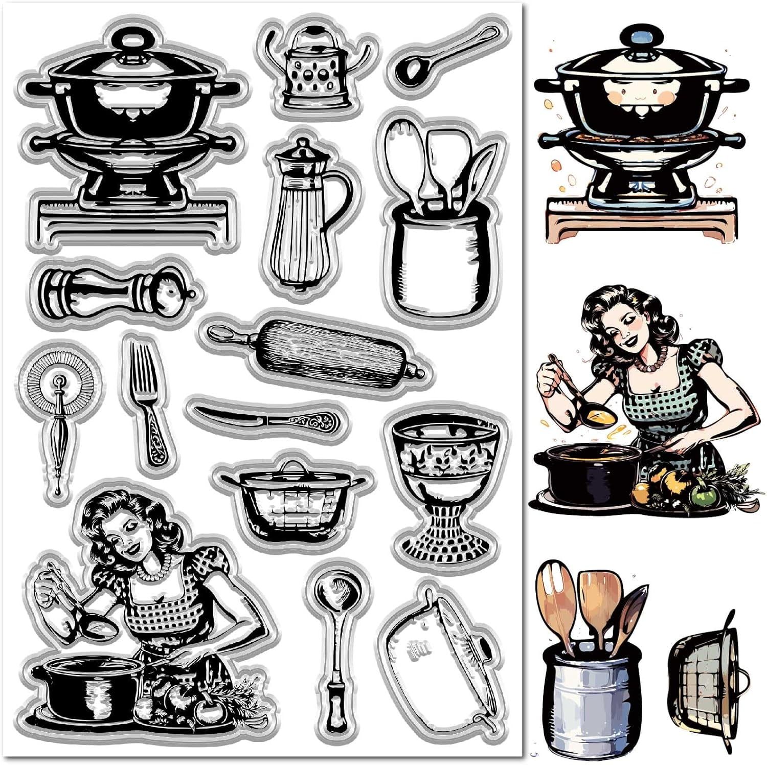 1sheet Kitchen Clear Stamps Pot Fork Spoon Kettle Women Cook Tools ...