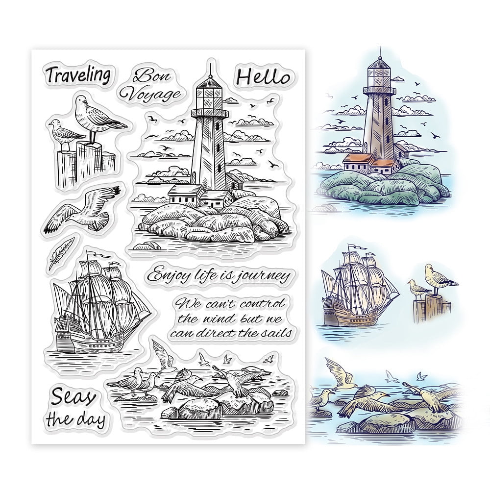 1sheet Lighthouses Clear Stamps Seagulls Sailboats Sea Background ...