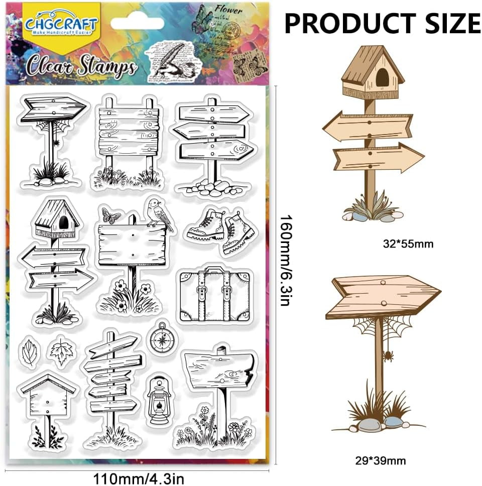 1sheet Wooden Direction Sign Clear Stamps Signboard Transparent ...