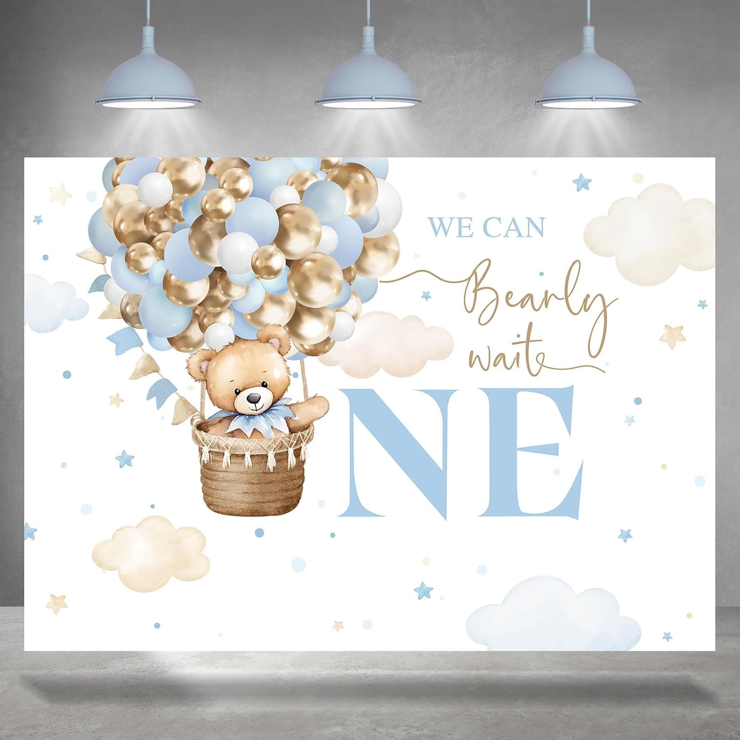 1st Birthday Backdrop for Boy Blue Bear Balloon First Birthday We Can ...