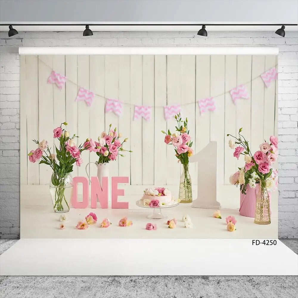 1st Birthday Backdrop For One Year Baby Newborn Girl Photo Flower Rose ...