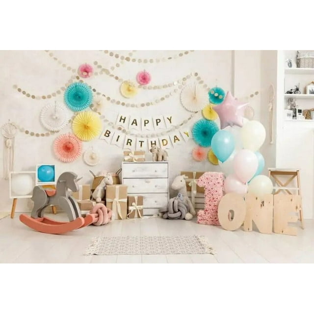 1st Birthday Background For Photography Balloons Ice Cream Cart Family ...