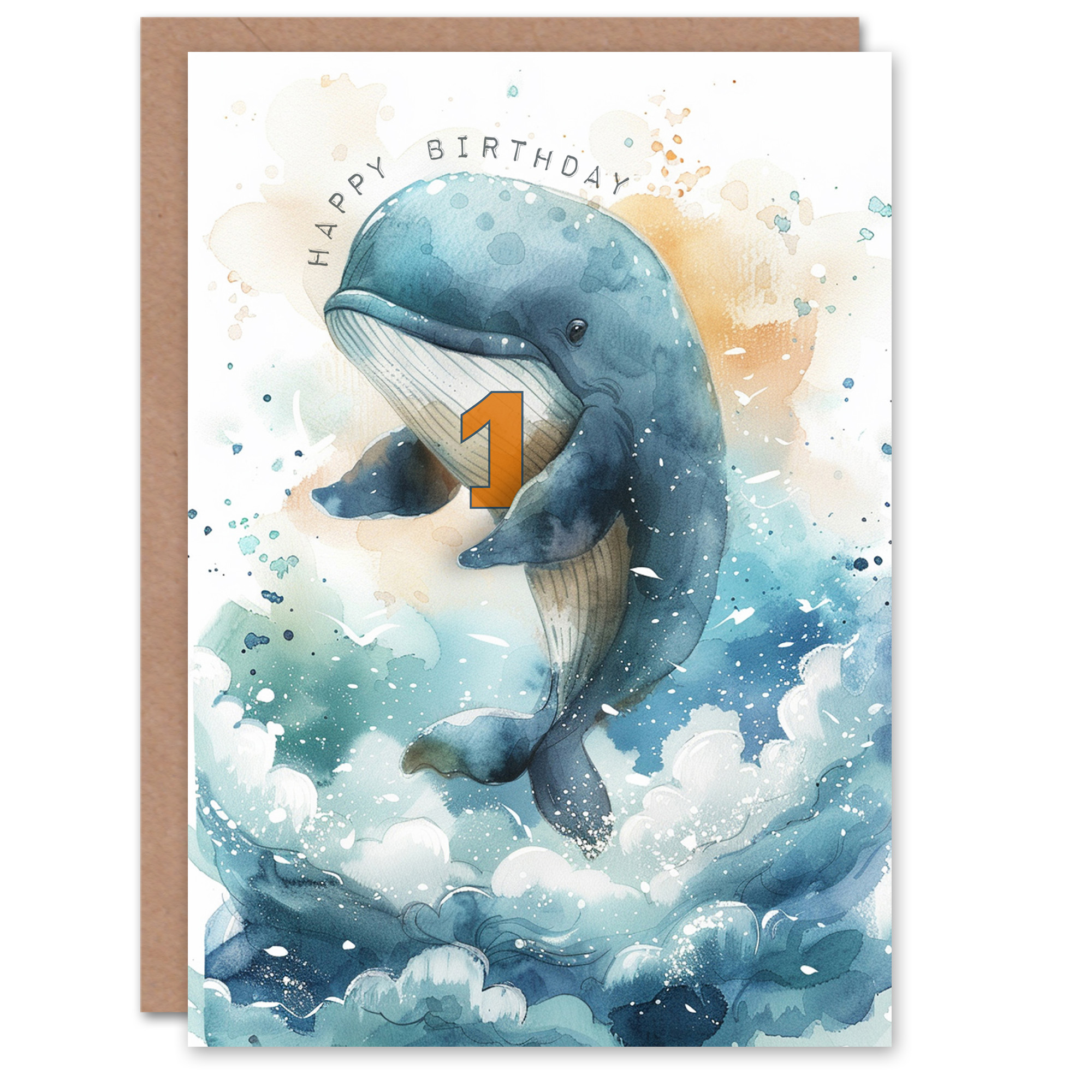 1st Birthday Card Cute Whale Wave Jump Illustration Kids Age 1 Year Old ...