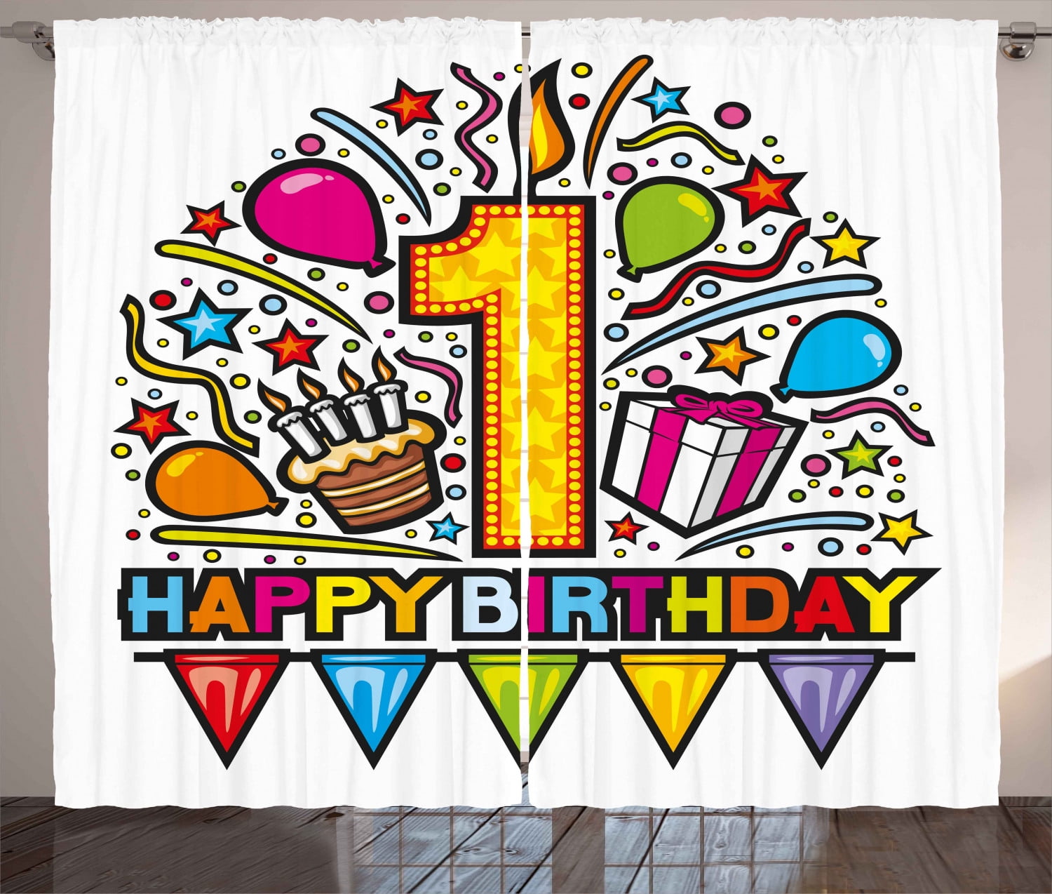 Ambesonne Birthday Curtains 2 Panel Set, Pop Art Style Party, 108" x 96 ...