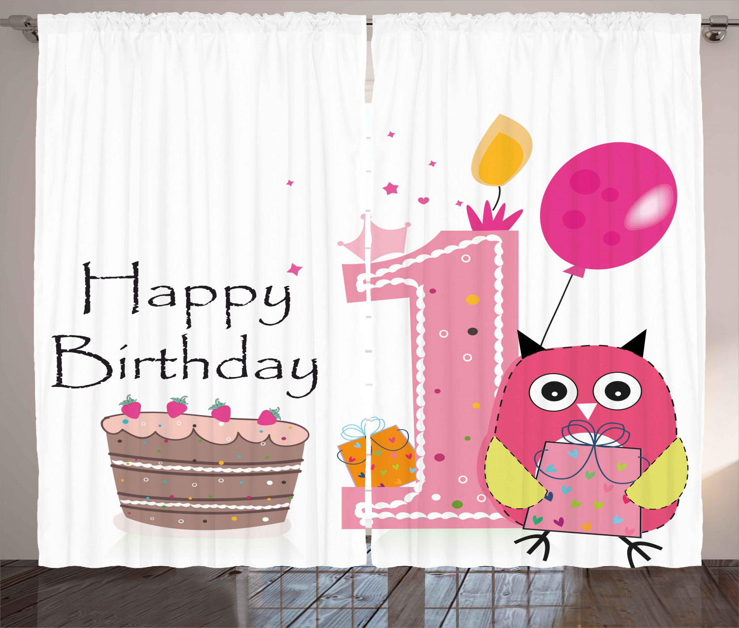 Ambesonne Cartoon Curtains 2 Panel Set, First Birthday Cake, 108" x 63 ...