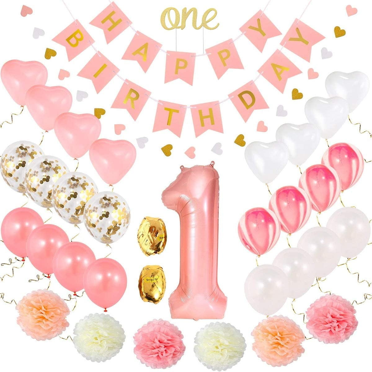 1st Birthday Girl Balloon Decorations, Baby Girl First Birthday ...