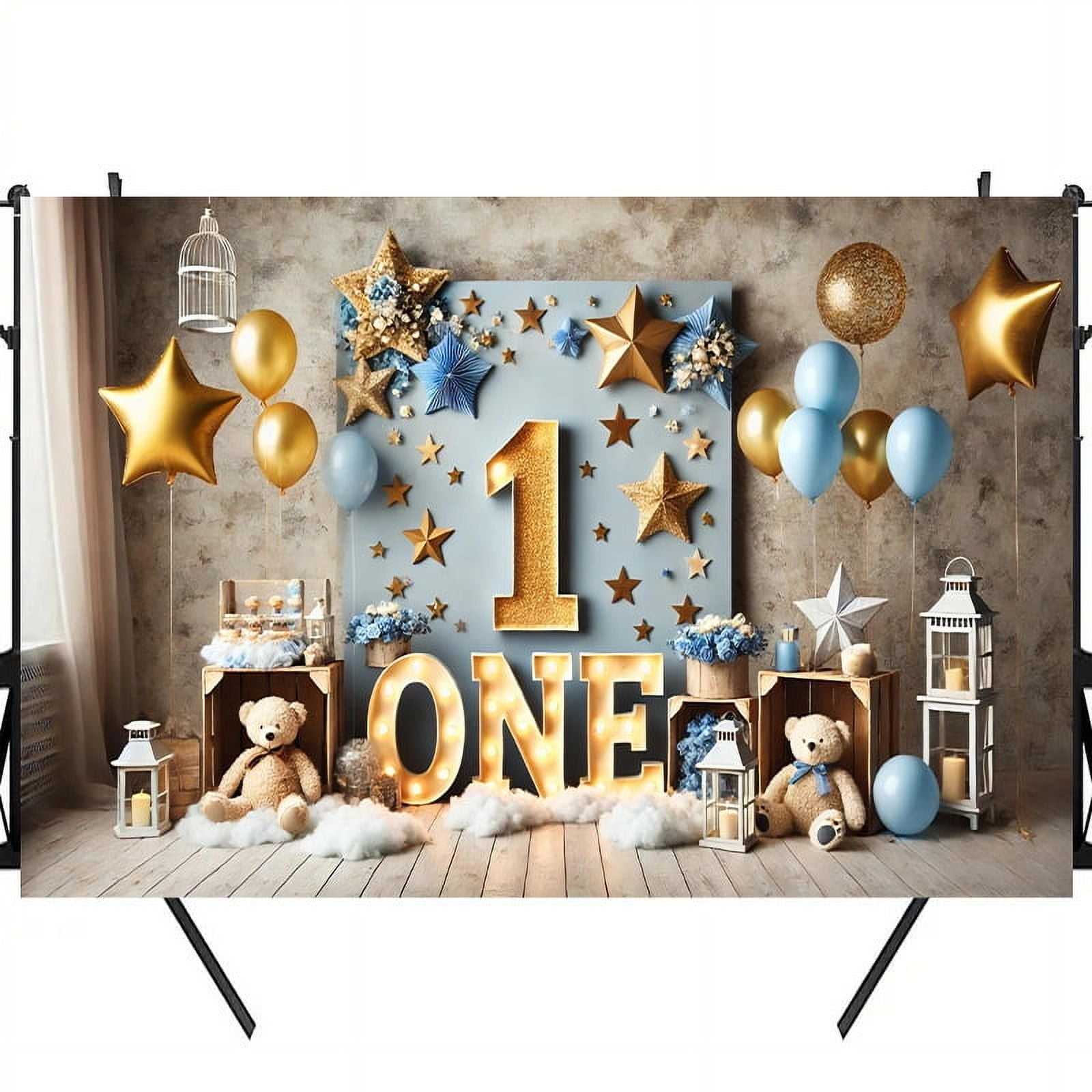 1st Birthday Party Backdrop - 7x5ft Polyester Bear-Themed Photography ...
