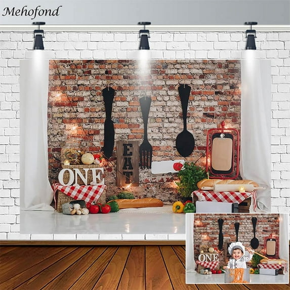 1st Birthday Party Backdrops Baby Shower Chef Ingredients Red Brick ...