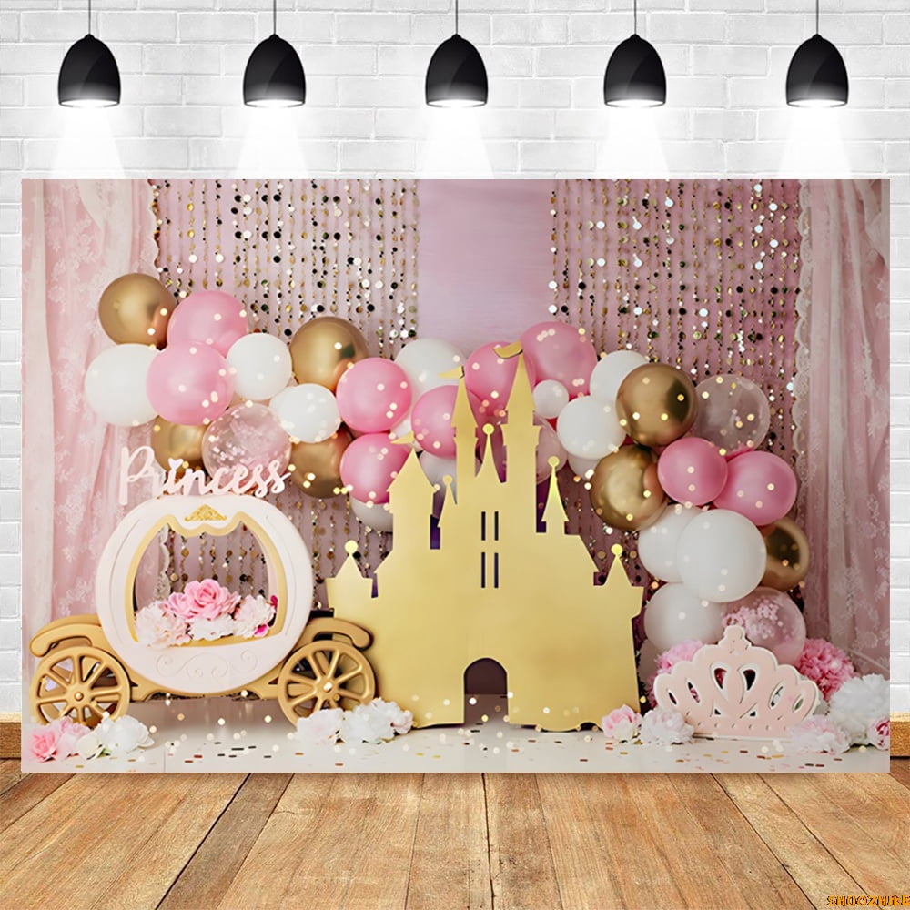 1st Birthday Party Photography Backdrop r Pink ss Castle Balloons ...