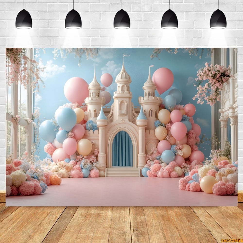 1st Birthday Party Photography Backdrop r Pink ss Castle Balloons ...