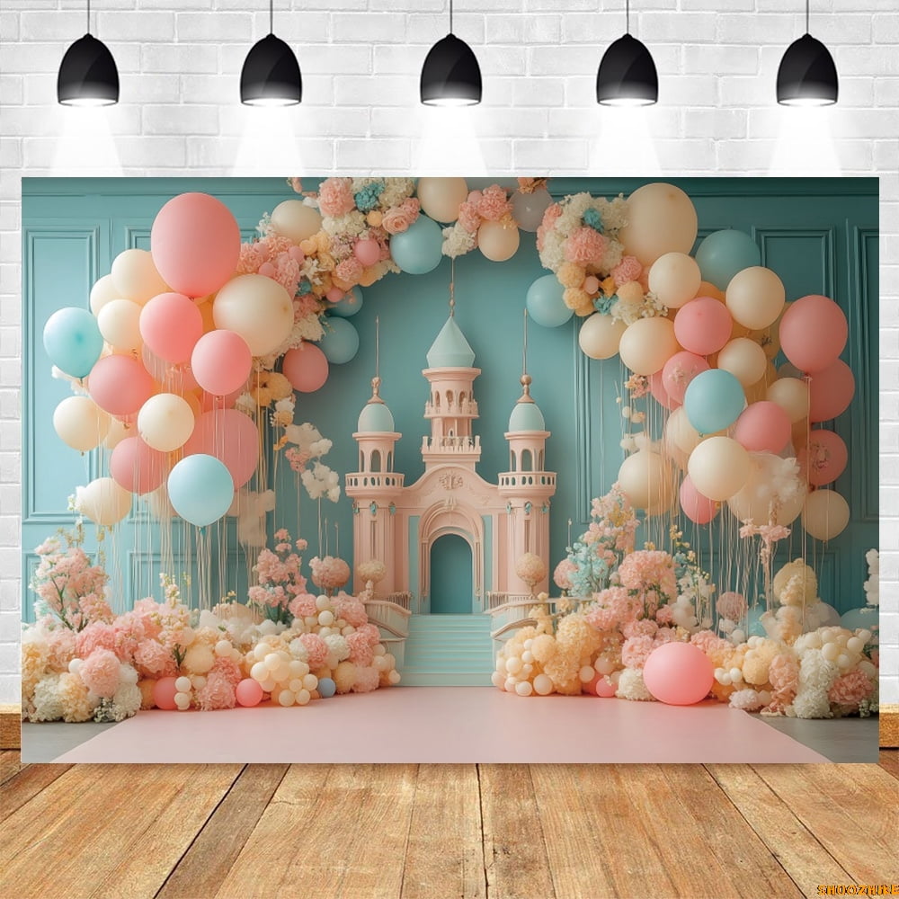 1st Birthday Party Photography Backdrop r Pink ss Castle Balloons ...