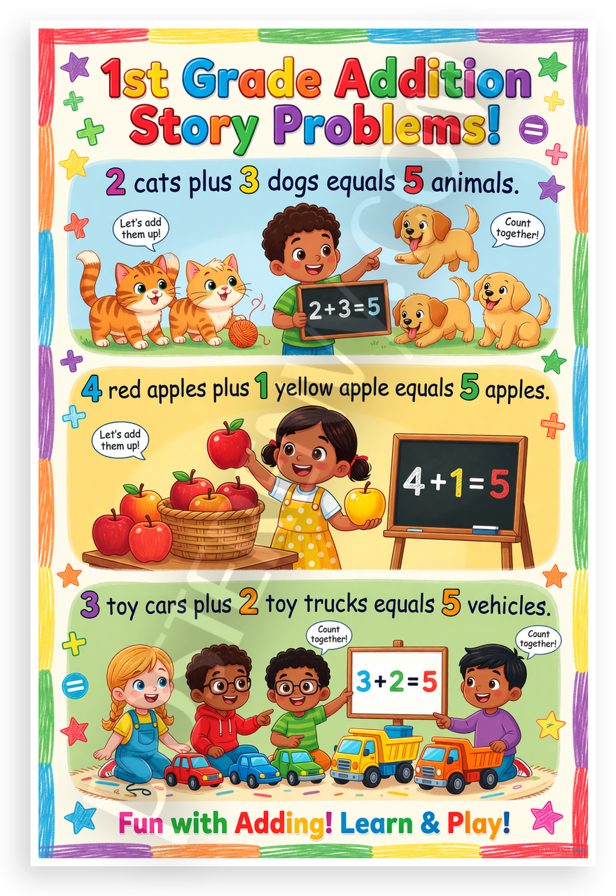 1st Grade Addition Story Problems Educational 12x18 US Made Poster ...