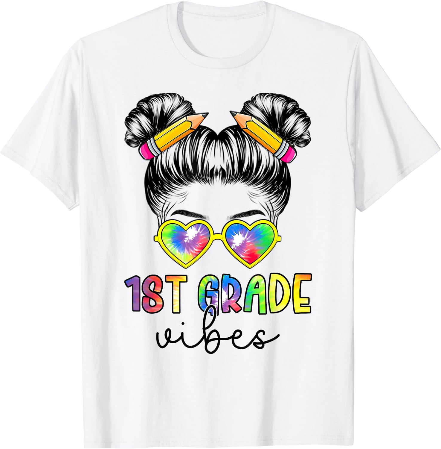 1st Grade Vibes Messy Bun Girl - First Grade Back To School T-Shirt ...