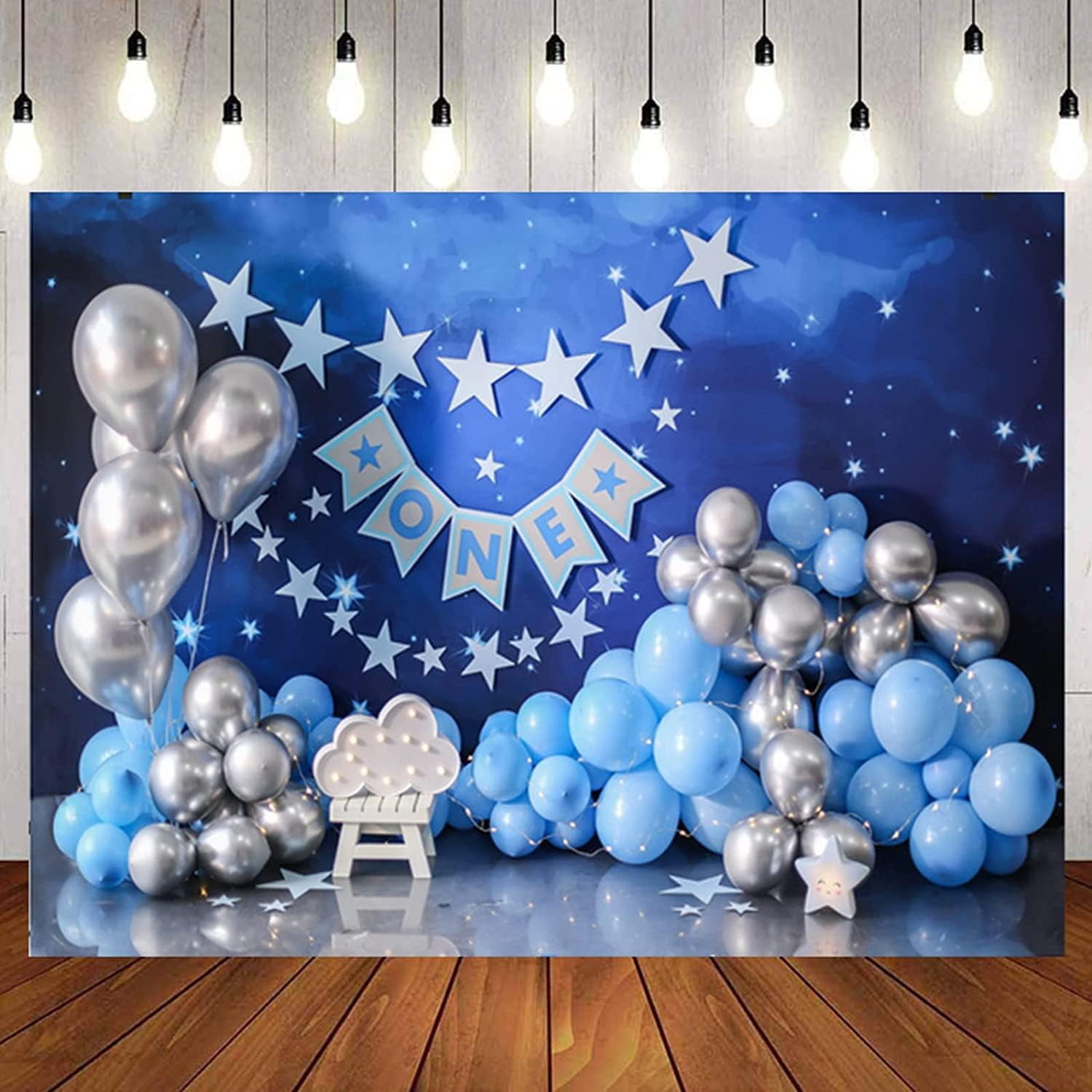 1st Happy Birthday Backdrop Blue and Silver Balloons Stars Boy 1st Bday ...