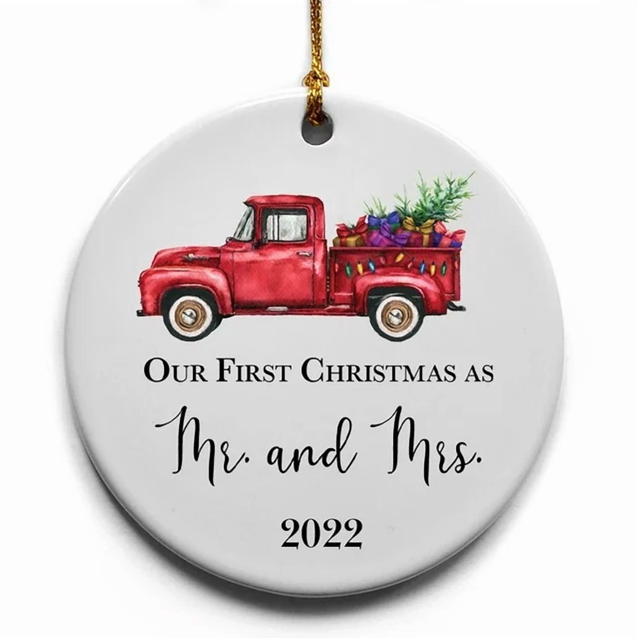 1st kriStmAs as Mr Mrs kriStmAs Tree Ornament -Red Truck on White Holi ...