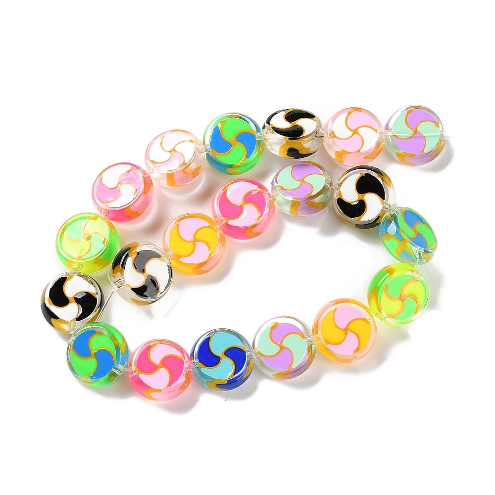 1strand Glass Beads Strands Hand Drawn Beads with Enamel Flat Round ...