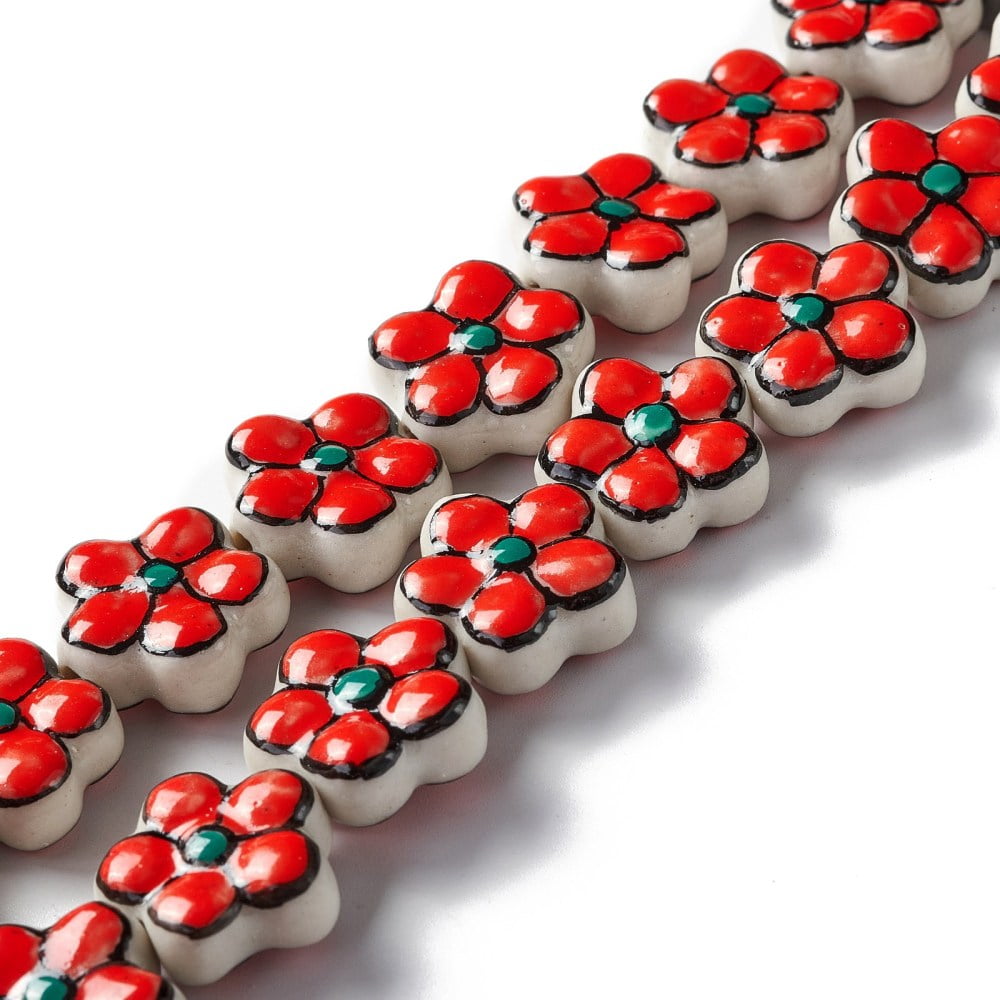 1strand Handmade Porcelain Flower Beads Strands Red 16.5~17x17~17.5x7.5 ...