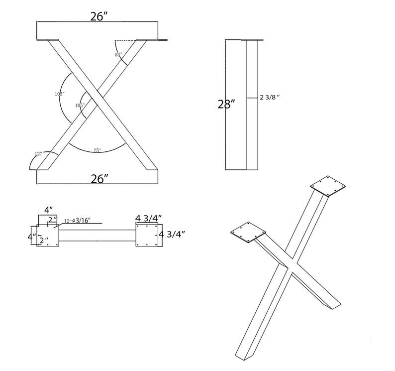 1x High Quality 28" Dining Table Leg, X-shaped Steel table leg, Office ...