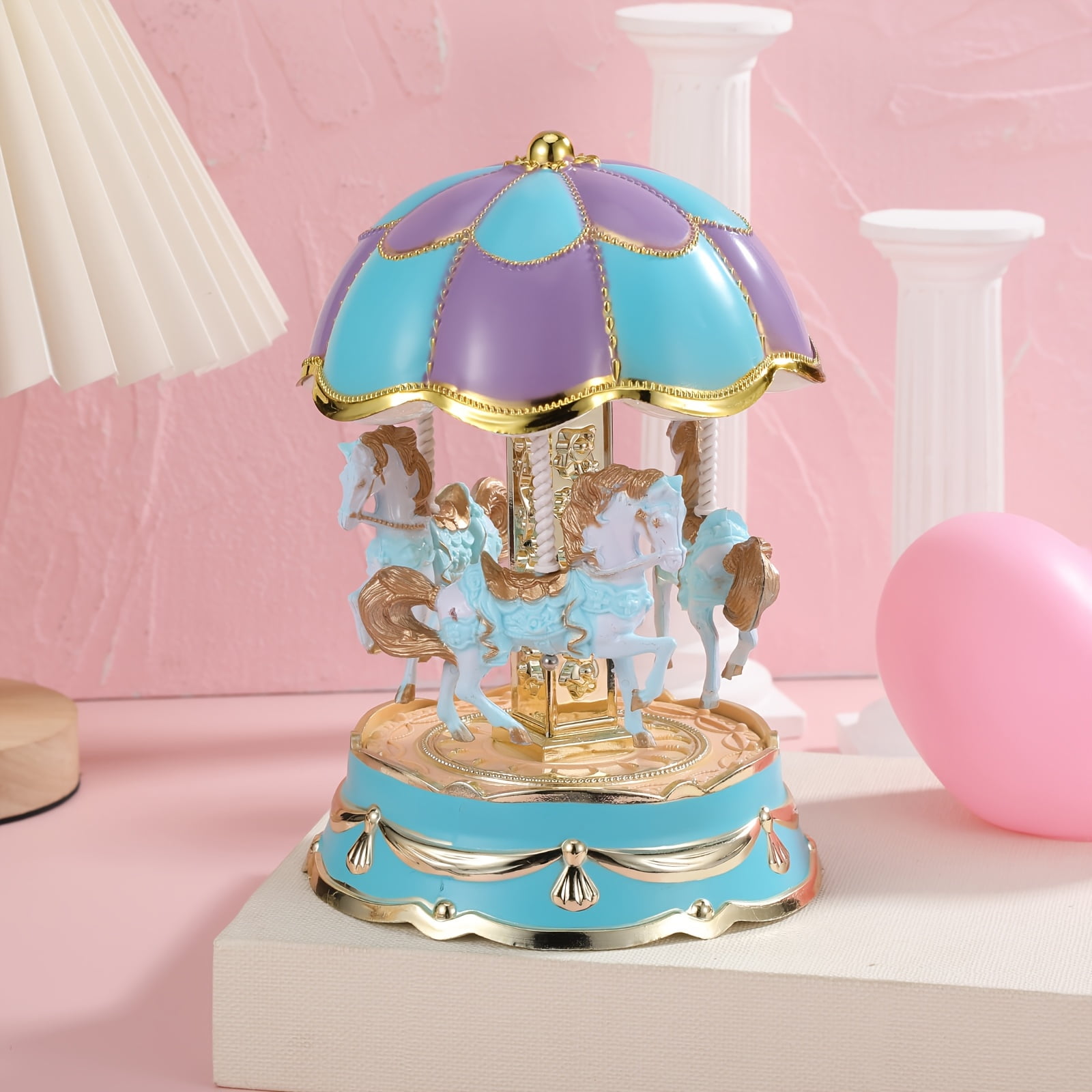 1x Luxury Carousel Music Box with Rotating 3 Horses & LED Luminous - 8 ...