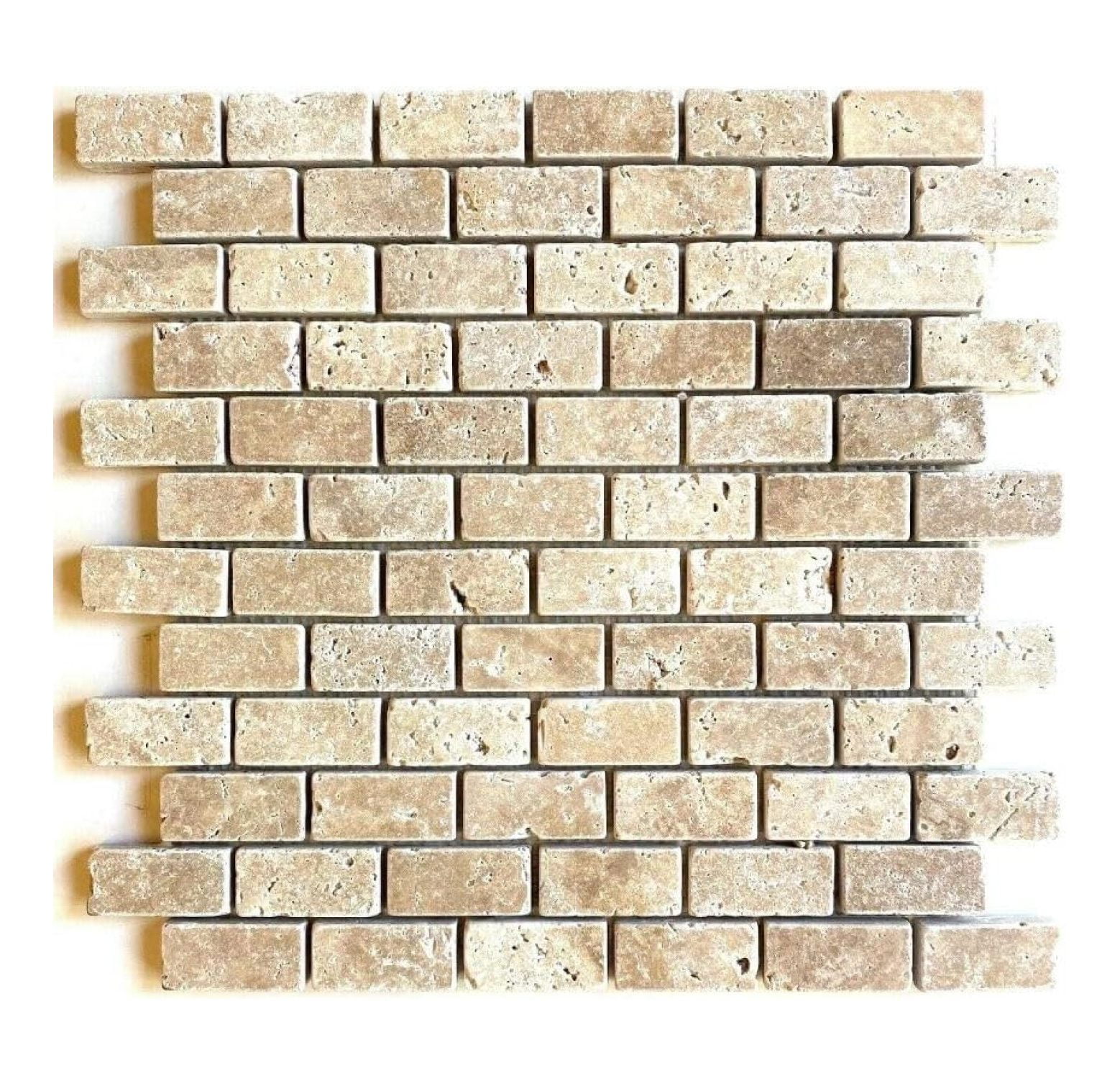 1x2 Walnut Travertine Tumbled Natural Stone Mosaic Brick Joint on Mesh ...