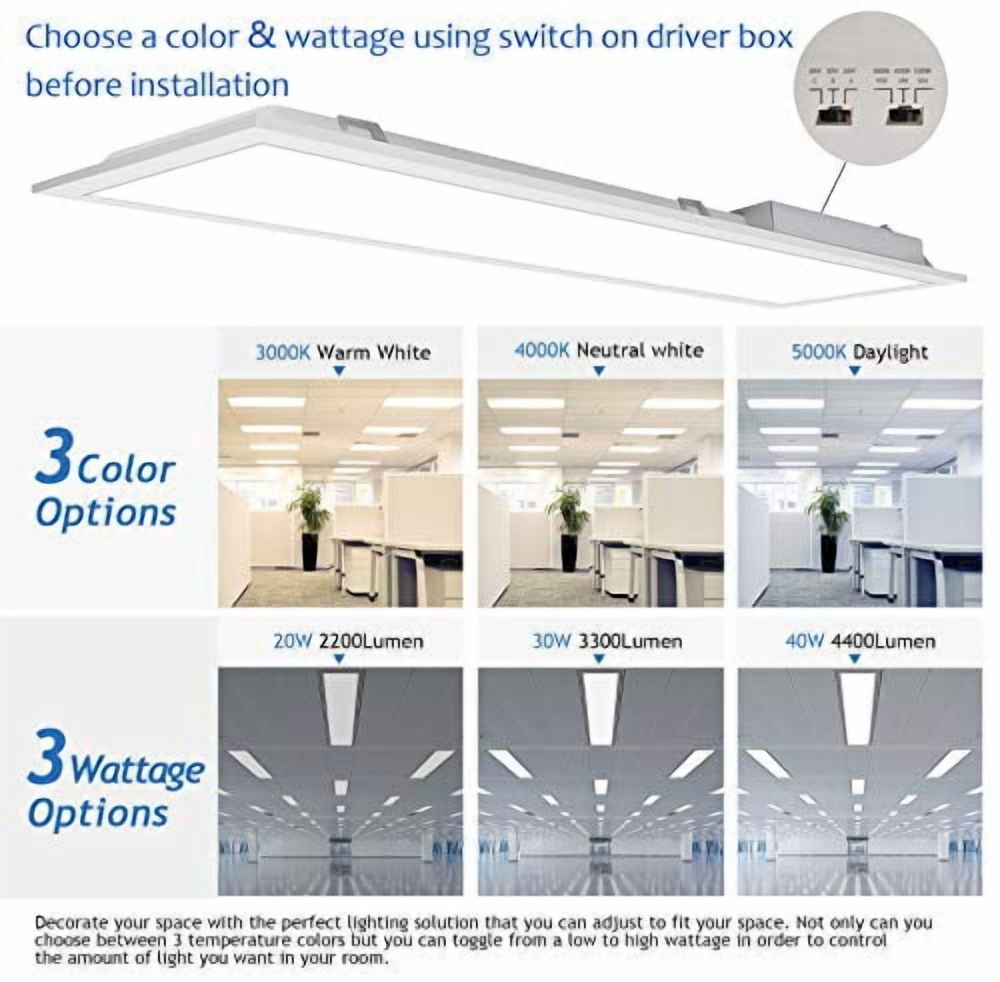 1x4 FT LED Flat Panel Light Drop Ceiling, 0-10V Dimmable 3 Color ...