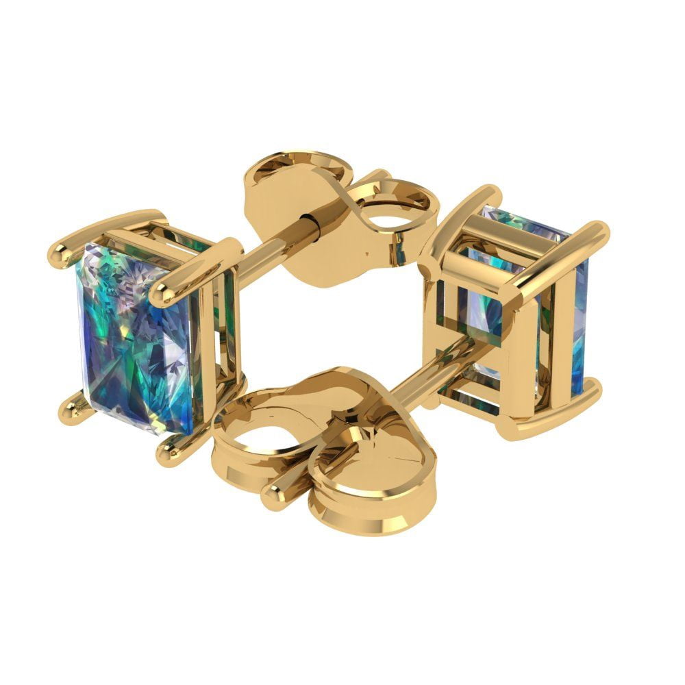 2.0 Ct Emerald Cut Studs Blue Moissanite 14K Yellow Solid Solid Gold ...